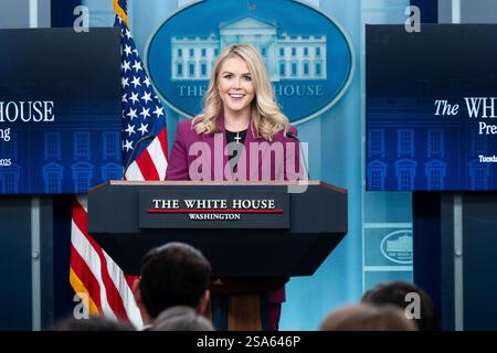 White House press secretary Karoline Leavitt speaks with reporters in the James Brady Press ...