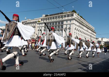 Greek Evzone soldiers dressed in traditional Greek military clothing ...