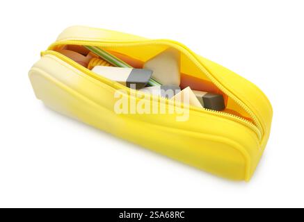 Different stationery in pencil case isolated on white Stock Photo - Alamy