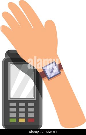 Hand wearing a smartwatch making a contactless payment on a pos ...