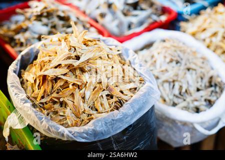 Different kinds of dried fish and shrimps at market in Myanmar Stock ...