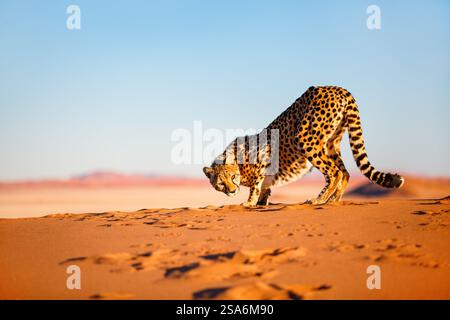 Beautiful cheetah outdoor on red sand dune early in the morning at ...