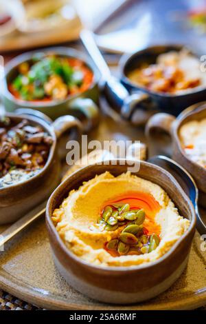 Selection of traditional turkish appetizers including hummus with ...