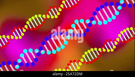 Image of dna strands over colourful shapes moving Stock Photo - Alamy
