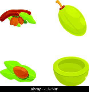 Shea tree icons set cartoon vector. Green shea nut and leaf. Cosmetic ...