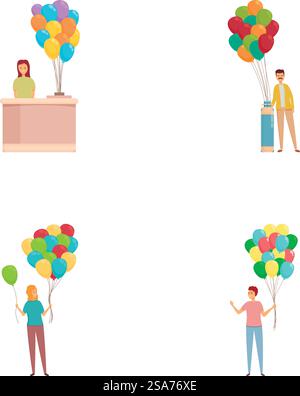 Street selling icons set cartoon vector. Man and woman selling colorful ...