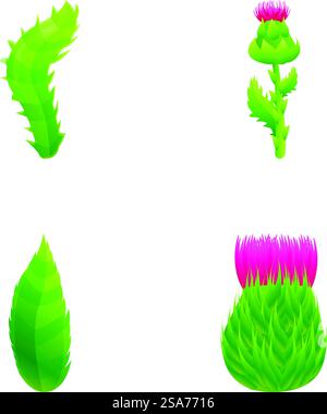 Thistle icons set cartoon vector. Purple flowering thistle with leaf ...