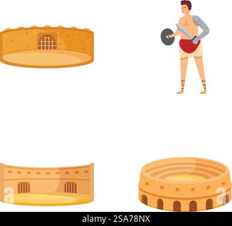 Amphitheatre icons set cartoon vector. Ancient roman character and ...