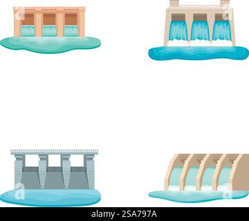 Collection of four types of colorful, stylized dam illustrations ...