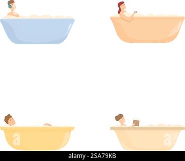 Bathing cartoon set of people relaxing in thermal waters jacuzzi sauna ...
