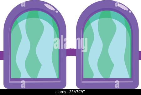 Sunglasses with a purple frame are reflecting a turquoise wavy pattern ...