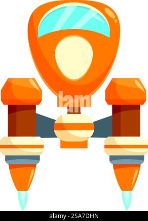 Orange cartoon spaceship flying through space with blue engines firing ...