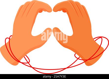 Hands tied with red thread are making heart shape, love and ...