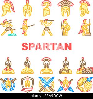 spartan warrior helmet icons set vector. roman sparta, battle armor ...