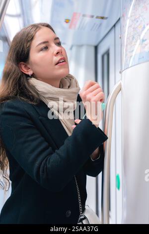 Young Woman Checking Subway Map While Using Smartphone.Vertical Stock ...