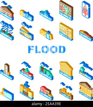 flood water disaster storm icons set vector. rain river, surge ...
