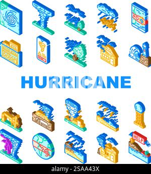 hurricane cyclone storm wind icons set vector. typhoon rain, surge ...