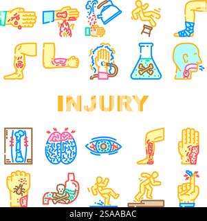 household injury fall burn cut icons set vector. slip trip, bruise ...