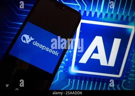 In this photo illustration, a DeepSeek logo is displayed on a ...