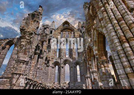 Gothic columns of the picturesque ruins of Whitby Abbey, North ...