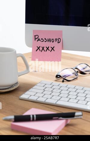 A visible sticky note with login details stuck to a computer screen ...