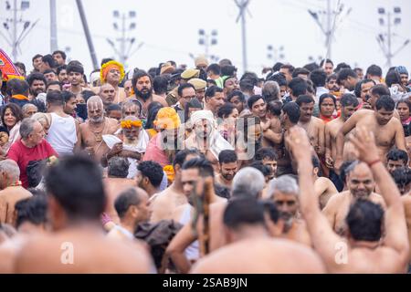 Mahakumbh, Group of holy naga sadhu baba taking holy dip at sangam in ...