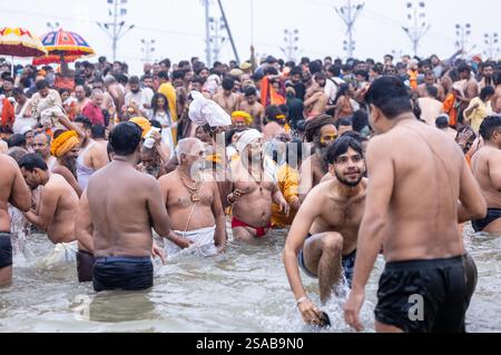 Mahakumbh, Group of holy naga sadhu baba taking holy dip at sangam in ...