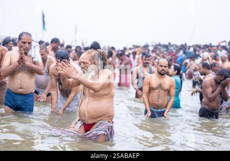 Mahakumbh, Group of holy naga sadhu baba taking holy dip at sangam in ...