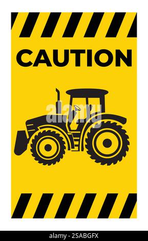 A caution sign featuring a black tractor icon on a yellow background ...