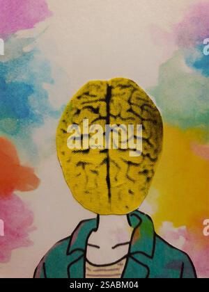 Conceptual collage art of a body with a brain instead of a head Stock ...