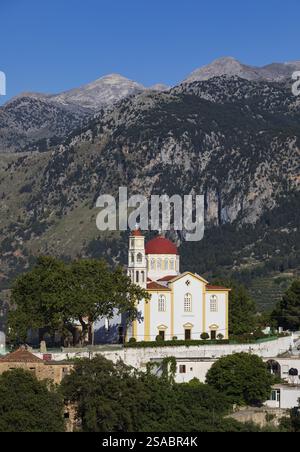 Mountain village of Lakkoi with Agios Antonios church, Crete, Greece ...