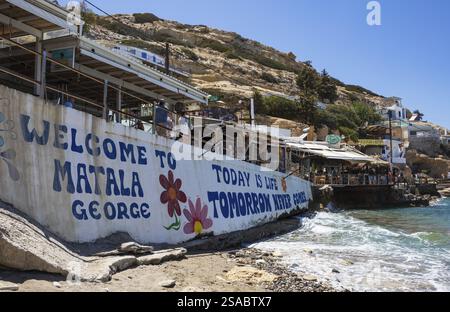 Hippie motto on the beach of Matala, south coast, Crete, Greece, Europe ...
