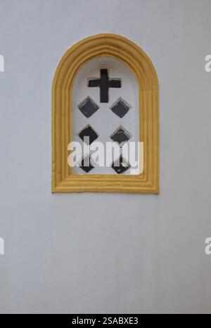 Mountain village Lakkoi with Agios Antonios church, church window ...
