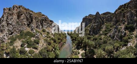 Drone shot, Preveli Beach, Kourtaliatiko Gorge with palm grove, south ...