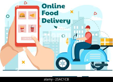 Online Food Delivery Vector Illustration with Order Food on the Phone ...