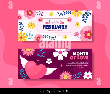 Vector banner Hello February, modern cut paper label with unique curly ...