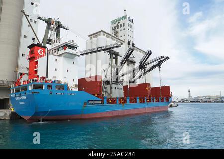 MV Gundem Serra loads bulk cargo from silos in port at Barcelona ...