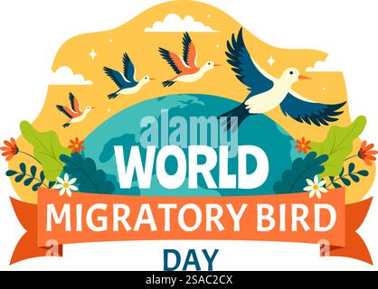 World Migratory Bird Day Vector Illustration with Birds Migrations ...