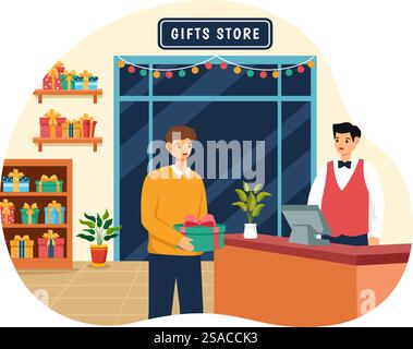 Gifts Store Vector Illustration of Wrapped Gift Box with Ribbon and ...