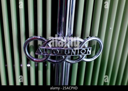 Audi Automobile Museum. Audi logo on a car radiator grill. Historic ...