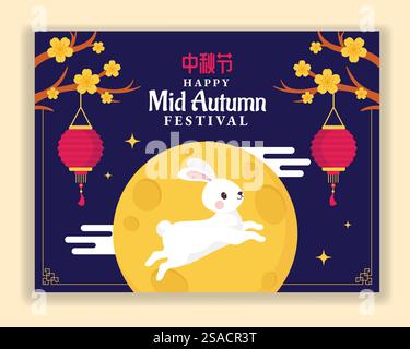 Mid autumn festival design. Flat illustration of jade rabbits eating ...