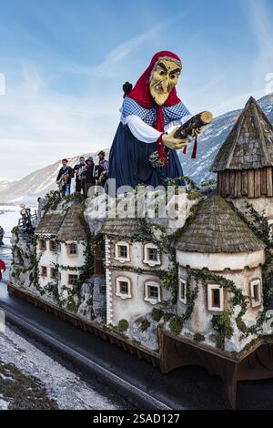 Witch on witch's house, float, parade at carnival in Tarrenz, Tyrol ...
