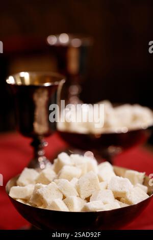 Protestant church. Vine and bread on altar. Communion in memory of the ...
