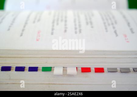 Open Bible with bookmarks on a church altar Stock Photo - Alamy