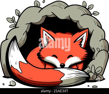Cute fox in a cave. Vector illustration in cartoon style Stock Vector ...