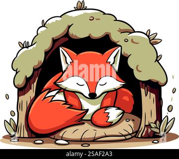 Cute fox in a cave. Vector illustration. Cartoon style Stock Vector ...