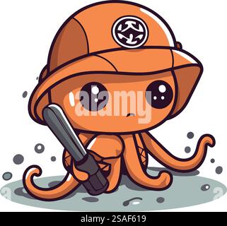 Cute cartoon octopus in helmet. Vector illustration isolated on white ...