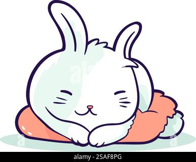 Cute cartoon white rabbit is sleeping on the pillows. Night vector ...