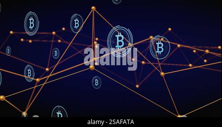 Image of network of connections with bitcoins over world map Stock ...