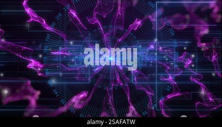 Image of data processing and purple shapes on black background Stock ...